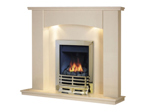 Aurora Sorento Beige Stone Marble Fireplace Suite with Soho Brass Gas ...