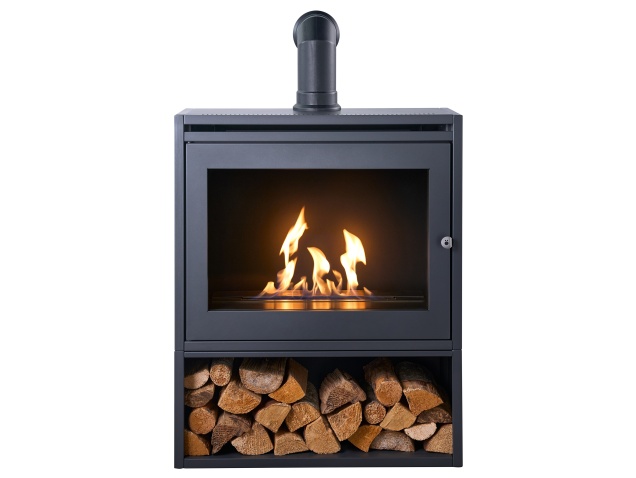 OKO S6 Bio Ethanol Stove with Log Storage in Charcoal Grey with Angled ...