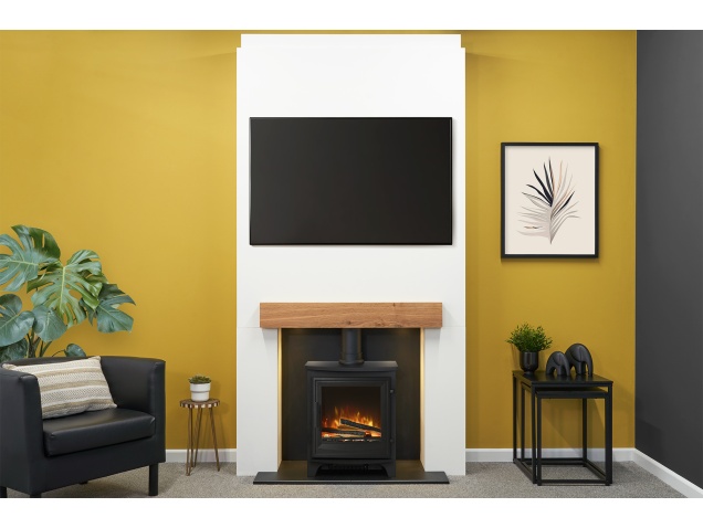 Acantha Pre-Built Stove Media Wall 1 with Halo Electric Stove in Black ...